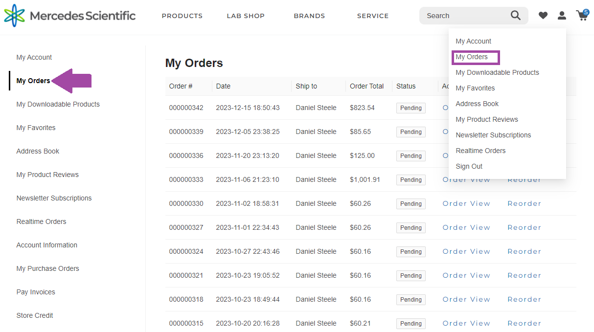 My Web Orders – Mercedes Scientific